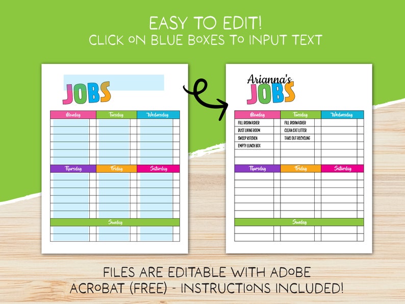 Editable Chore Chart for Kids, Kids Job Chart, Weekly Job Checklist ...