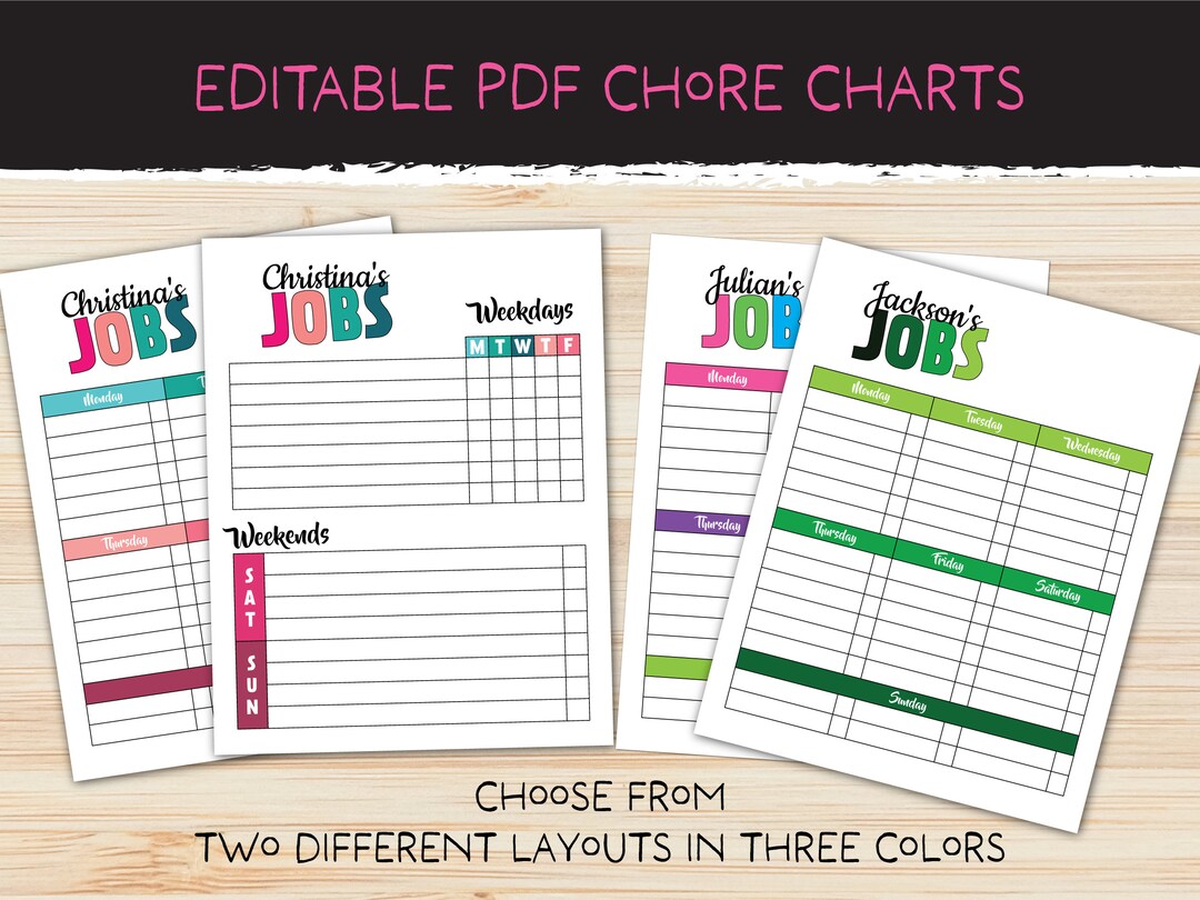 Editable Chore Chart for Kids, Kids Job Chart, Weekly Job Checklist ...