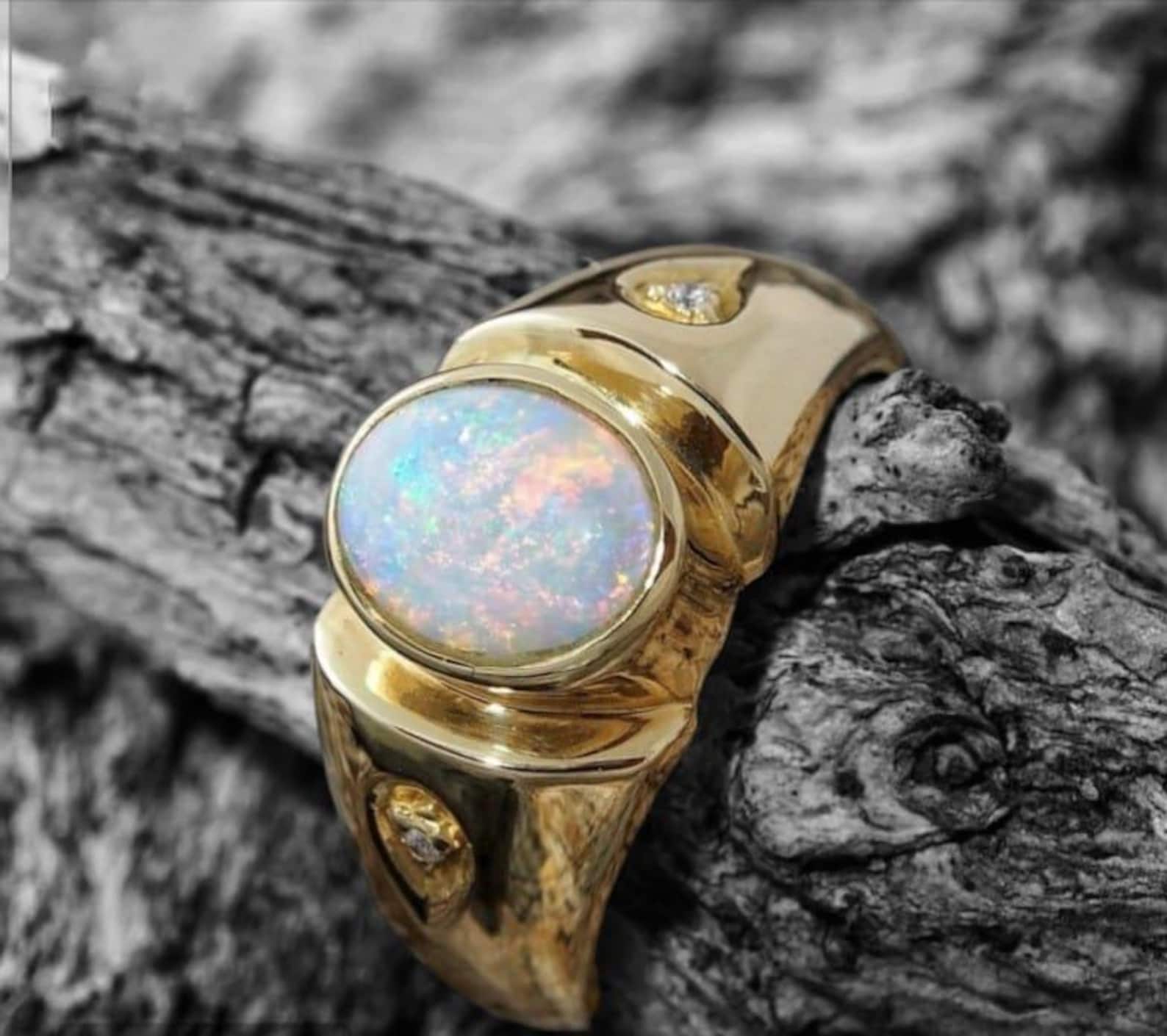 Natural Opal Mens Ring Vintage Style Opal Ring for Men: Handmade 14K Solid Gold Mens Ring ...