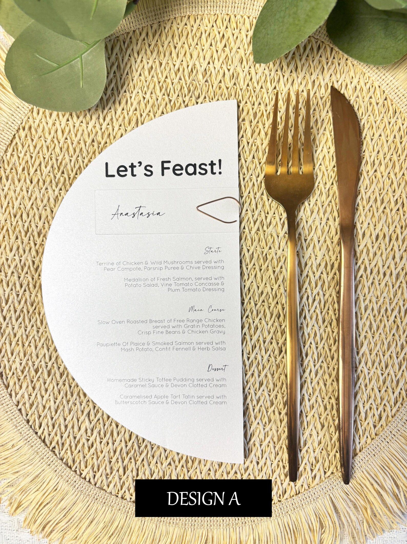 Half Round Printed Wedding Menu With Place Card, Minimalist Design Menu ...