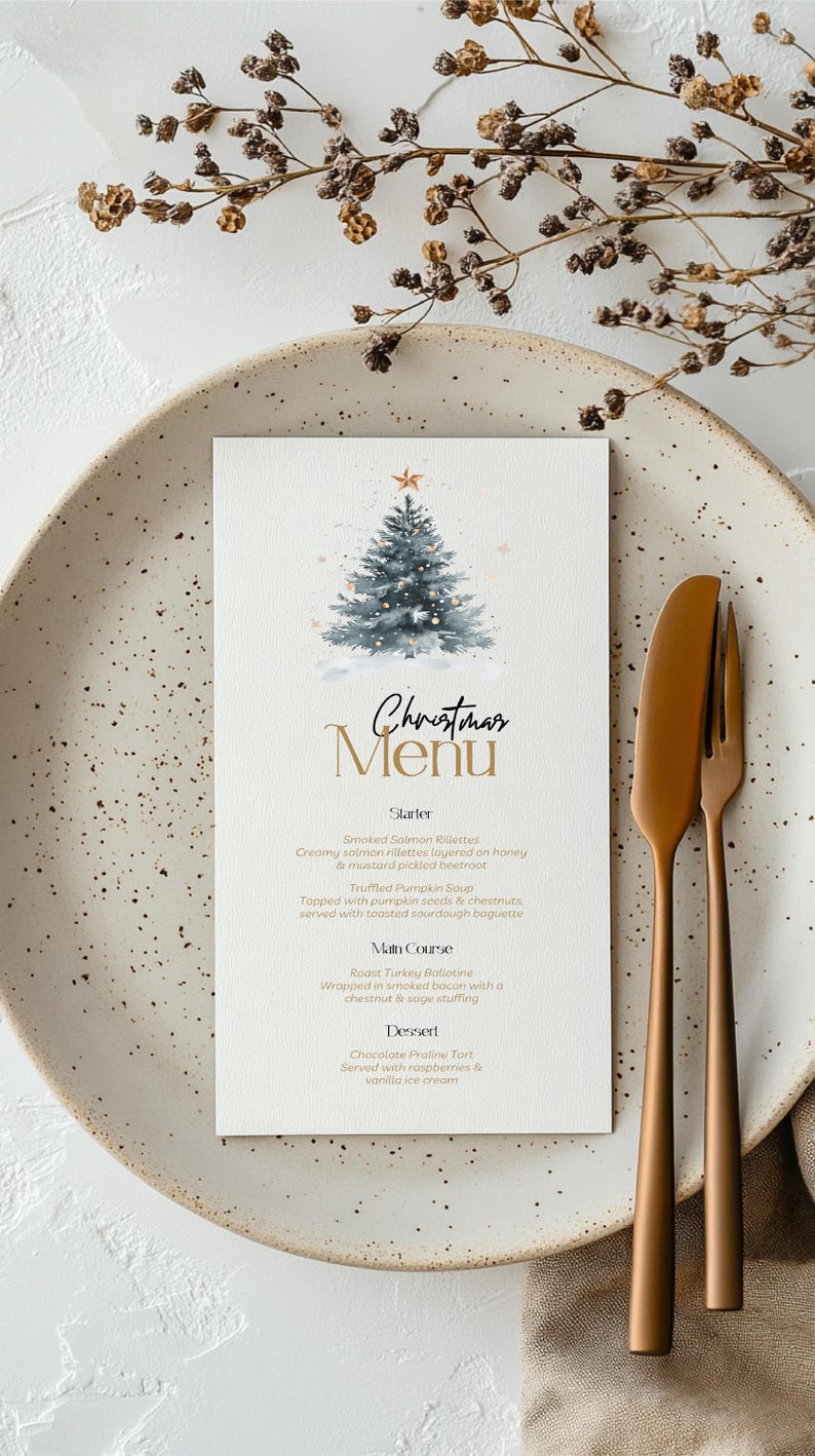 Snowy Christmas Tree Design Menu Card, Personalized, Printable ...