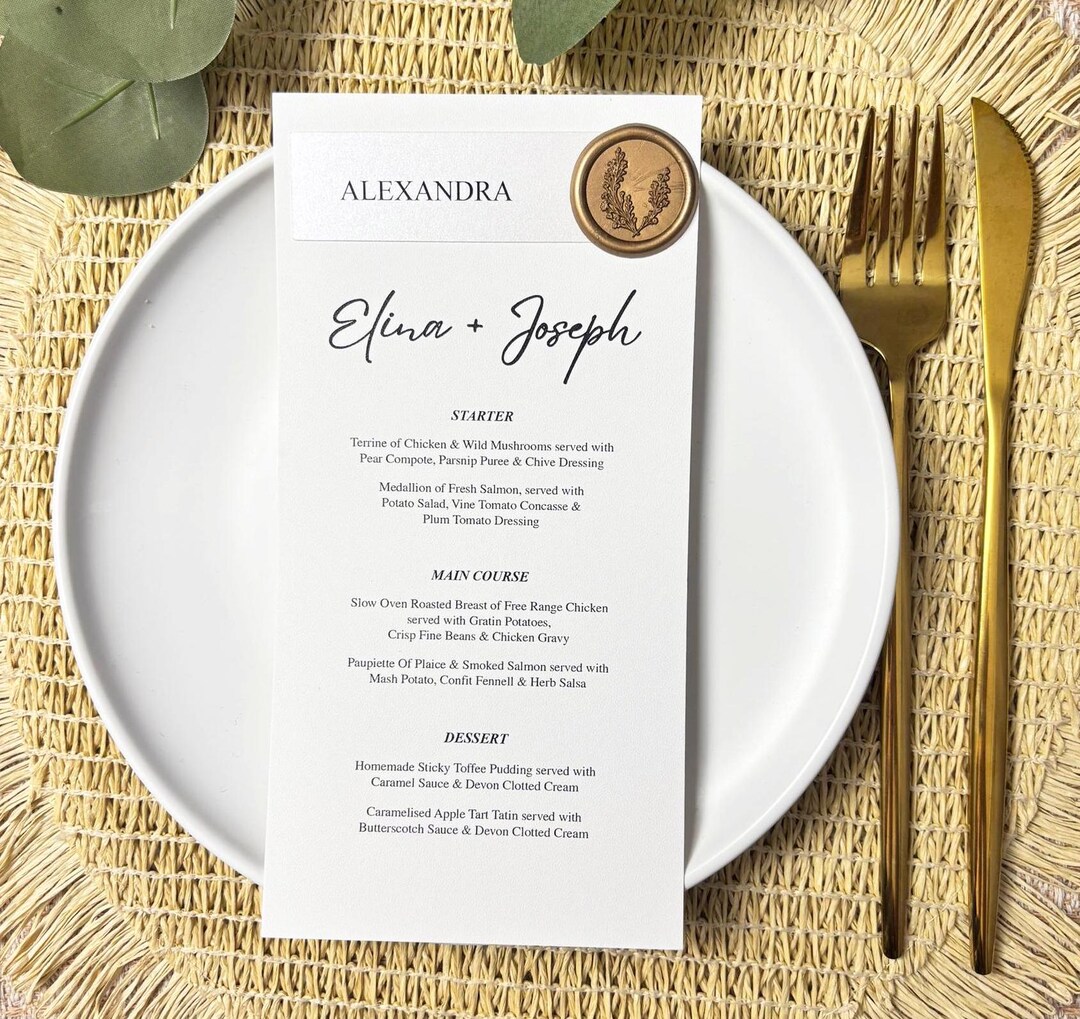 Wedding Menu With Place Card, Bridal Shower & Dinner Party Menu Card ...