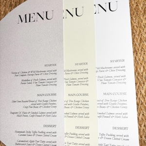 Half Round Printed Wedding Menu With Place Card, Minimalist Design Menu ...
