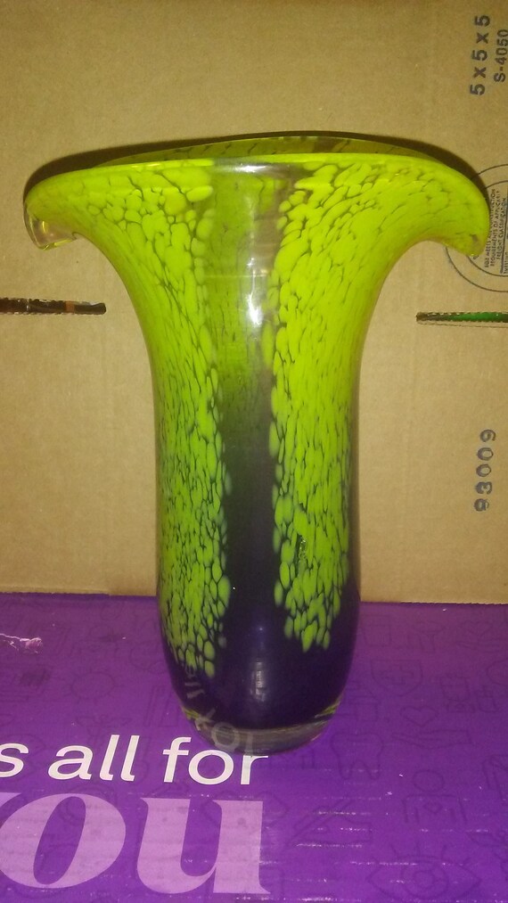 Hand Blown Neon Green Purple Art Glass Vase Spotted Fluted | Etsy