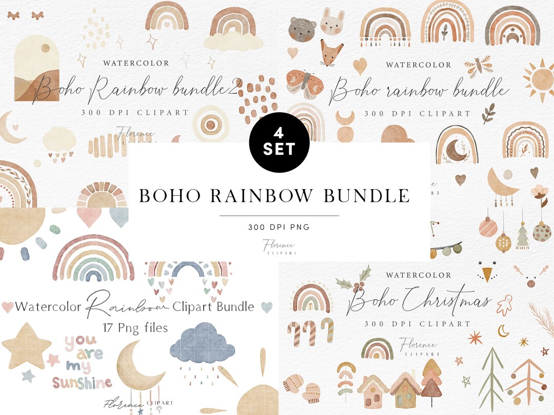 Watercolor Boho Rainbow Clipart Bundle, Boho Clipart, Hand Drawn Pastel ...