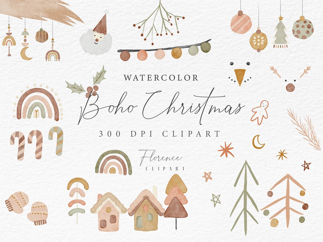 Boho Christmas Watercolor Clipart Rainbow Christmas Bundle, Boho ...