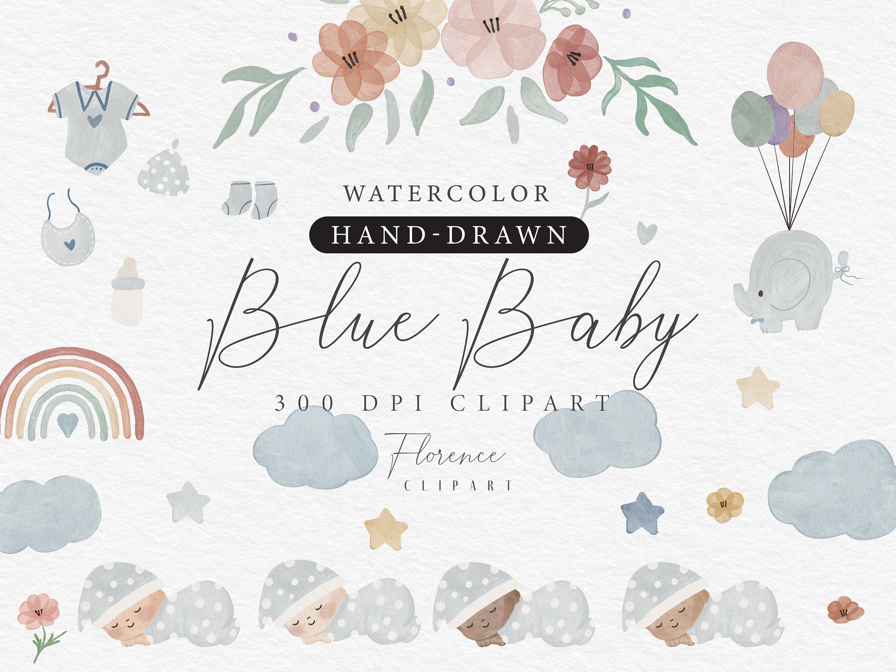 Blue Baby Clipart Bundle, Watercolor PNG, Baby Boy Shower, Baby ...