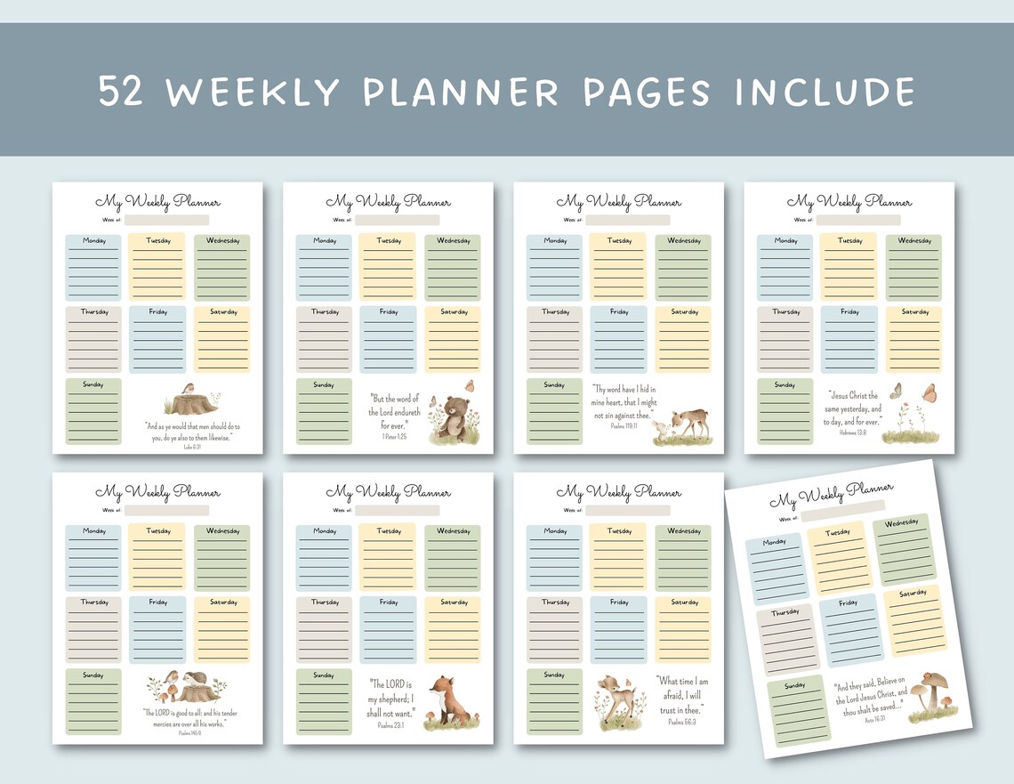 52 Week Scripture Planner Kids Planner Bible Verse Forest Friends Kids ...