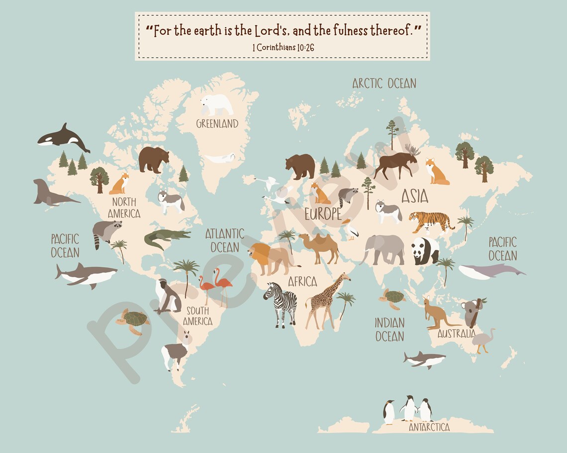 Christian Kids World Map | Animal World Map | Bible Verse | | Christian ...