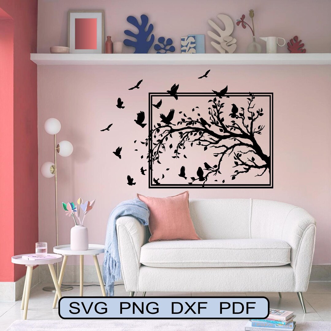 Tree Branch Wall Art Svg Png Dxf Pdf, Figure Flock of Flying Birds on ...