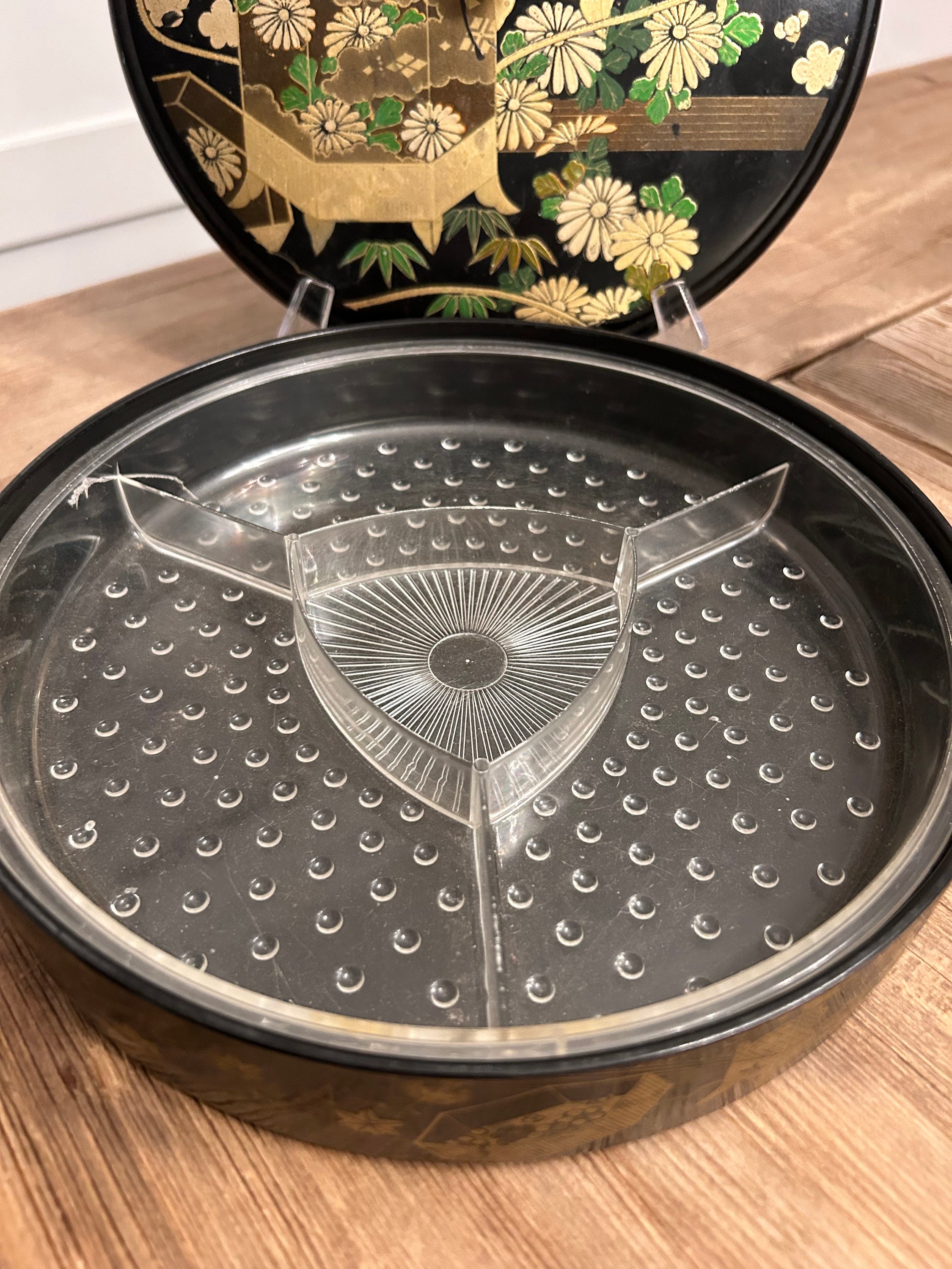 Vintage Otagiri Round Black Lacquer Bento Japanese Organizer Box 9.25 ...