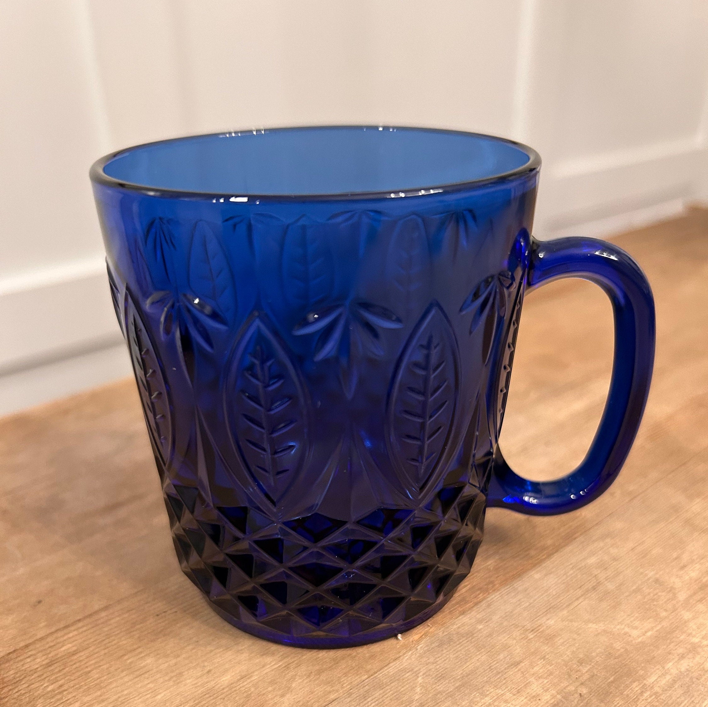 New & Vintage Avon Set of Four (4) Cobalt Blue Glass Embossed Mugs ...