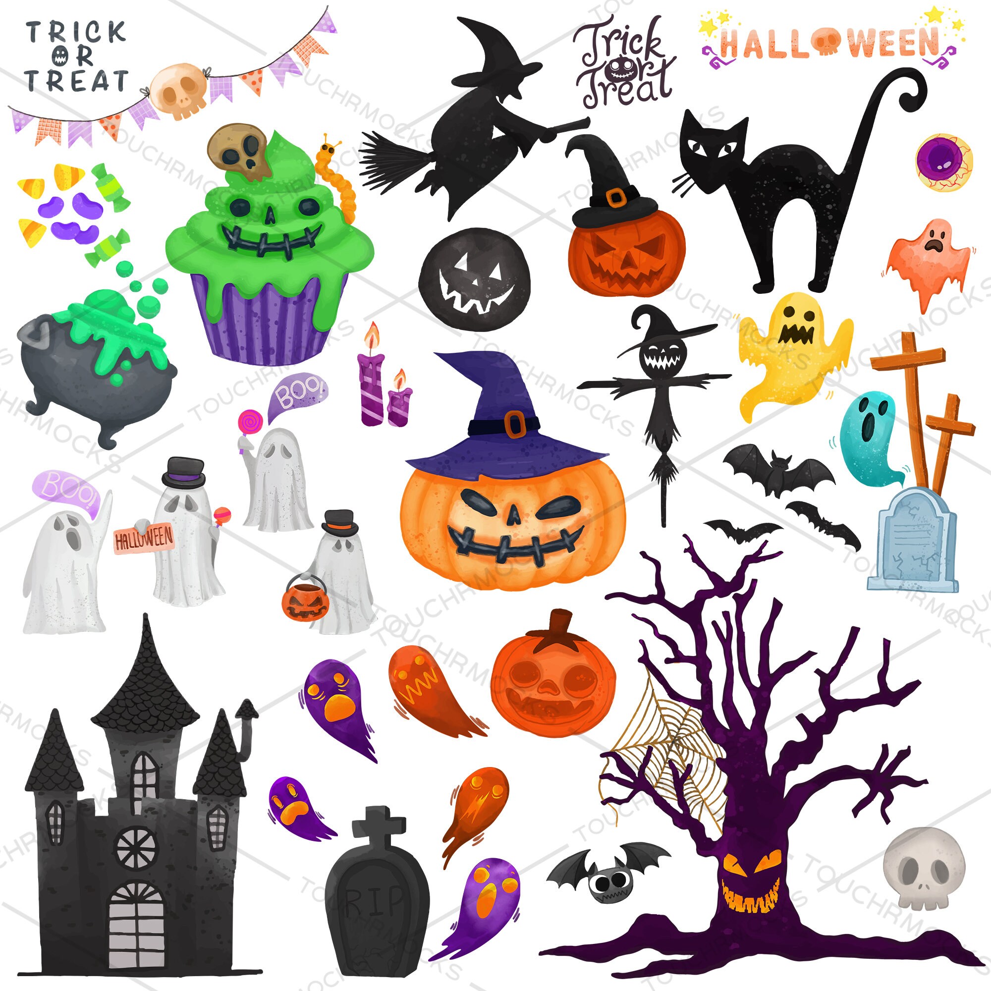 Watercolor Halloween Clipart, Halloween Clipart, Halloween Items ...