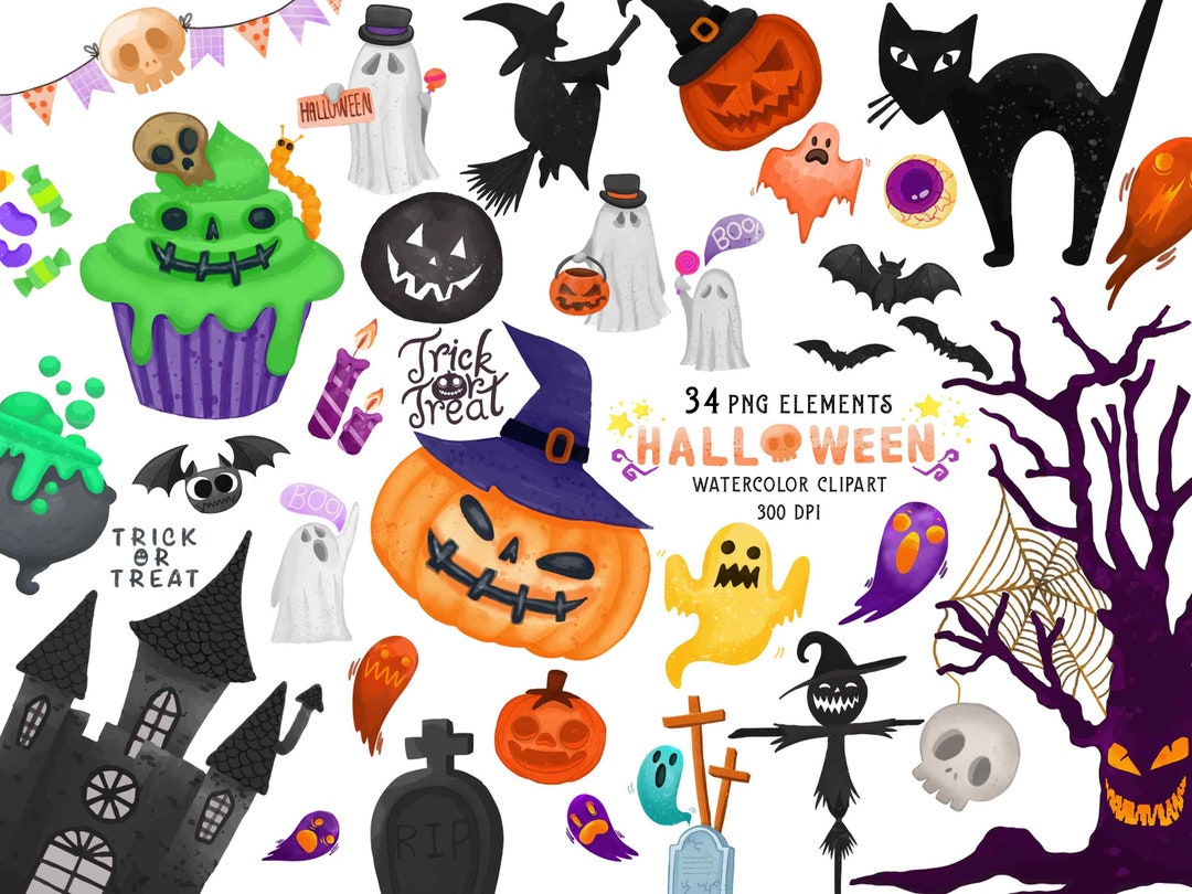 Watercolor Halloween Clipart, Halloween Clipart, Halloween Items ...