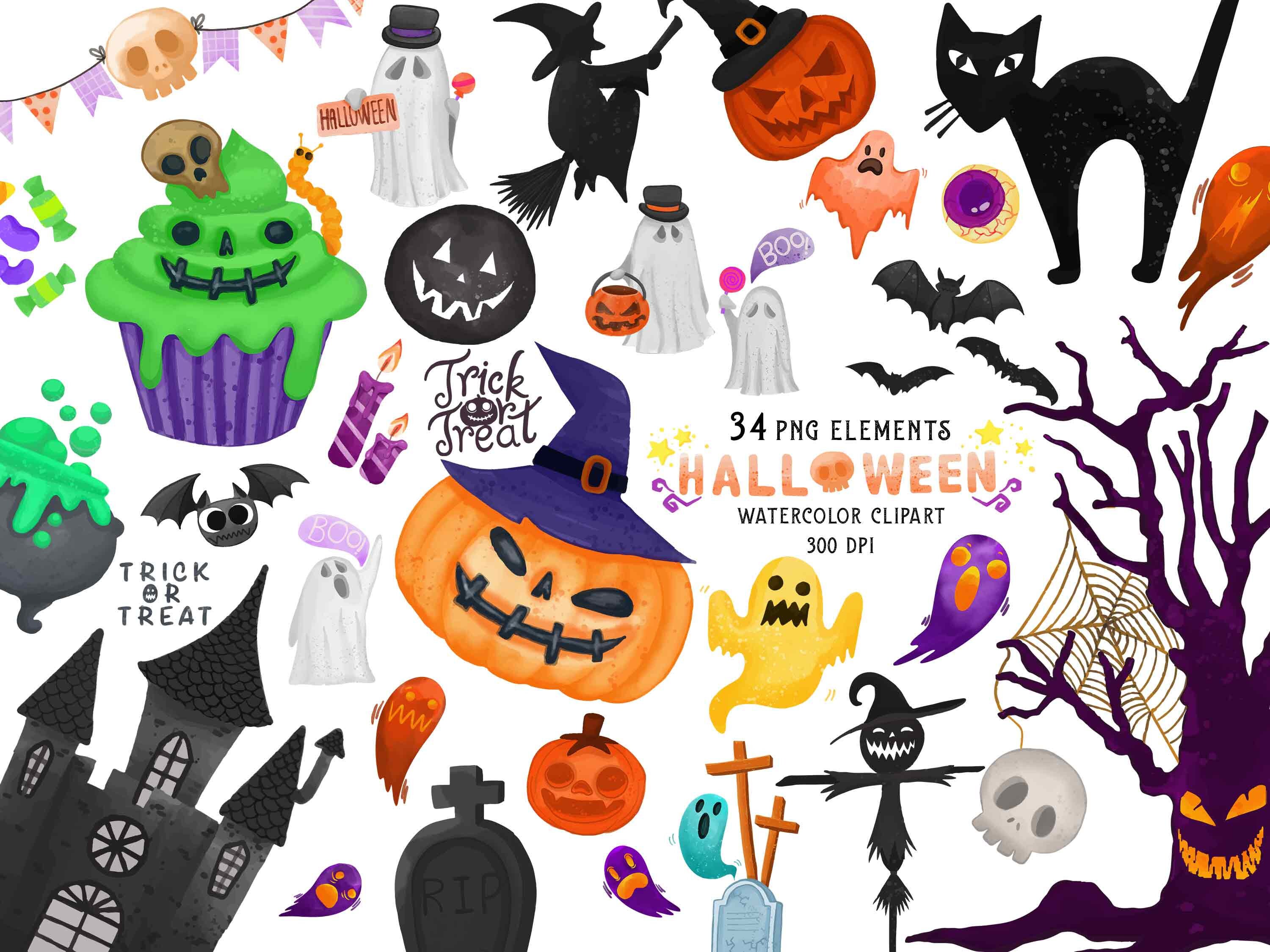 Watercolor Halloween Clipart, Halloween Clipart, Halloween Items ...