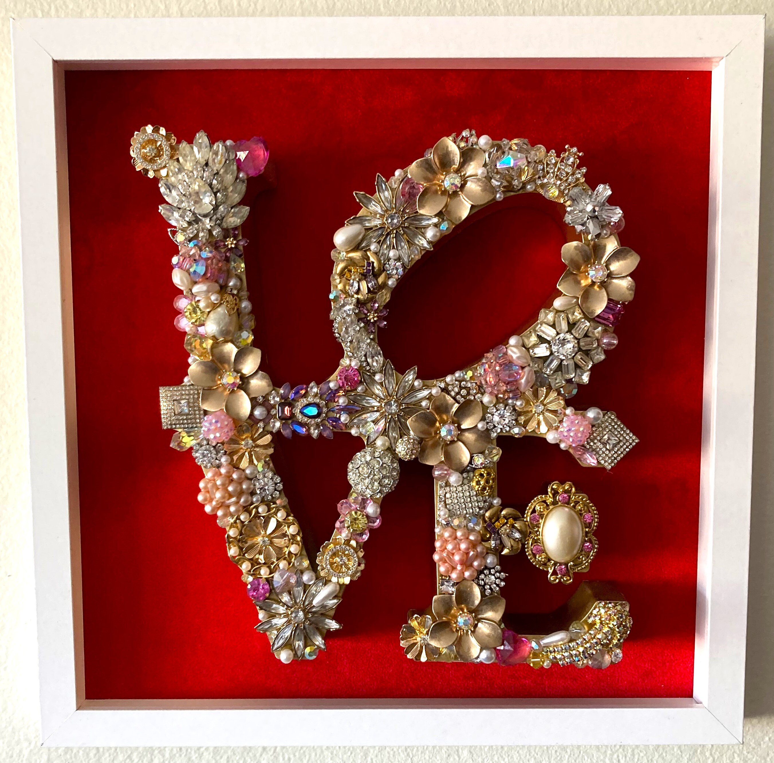 LOVE Sign Jewelry Art Mounted in 12 X12 Shadow Box Frame on Red Velvet ...