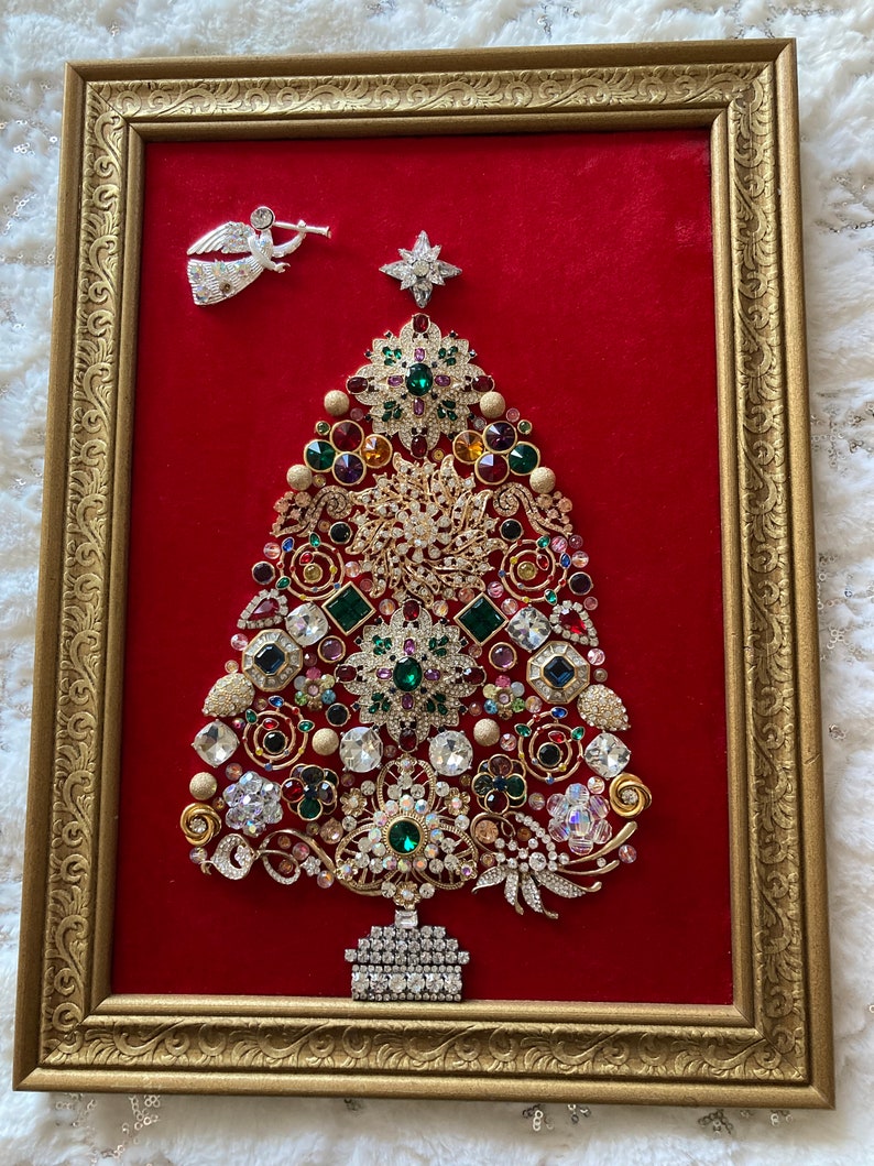 Framed Jewelry Art Christmas Tree on Red Velvet Unique - Etsy