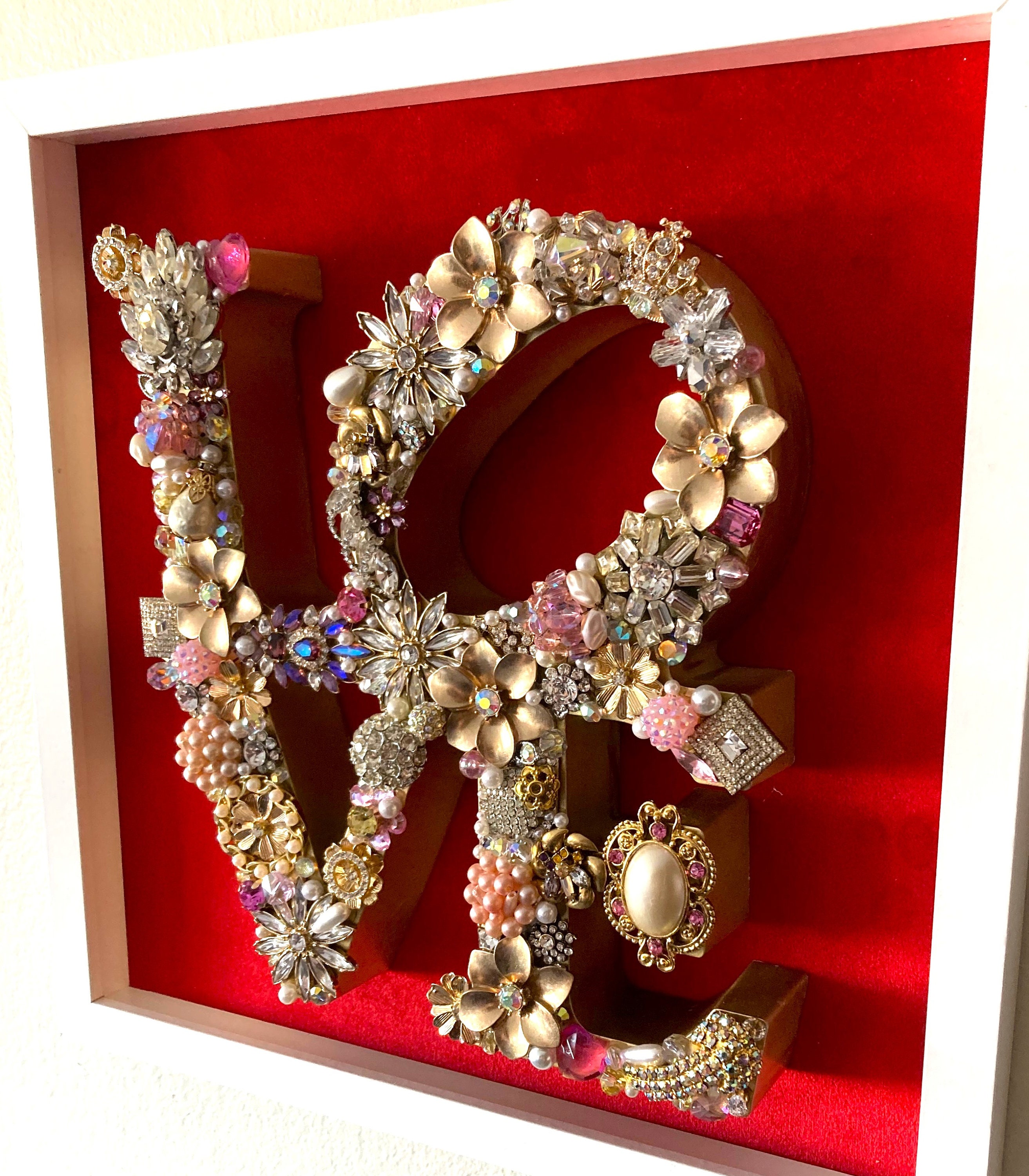 LOVE Sign Jewelry Art Mounted in 12 X12 Shadow Box Frame on Red Velvet ...