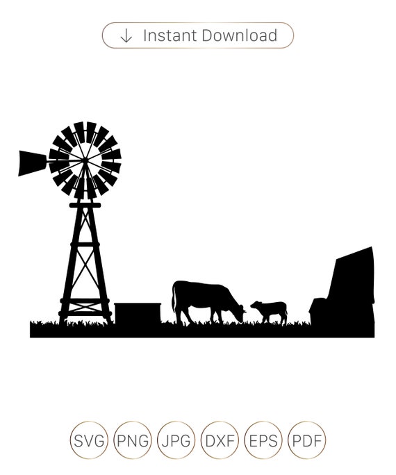 Farm Scene With Cattle and Windmill Svgfarm Svgwindmill | Etsy