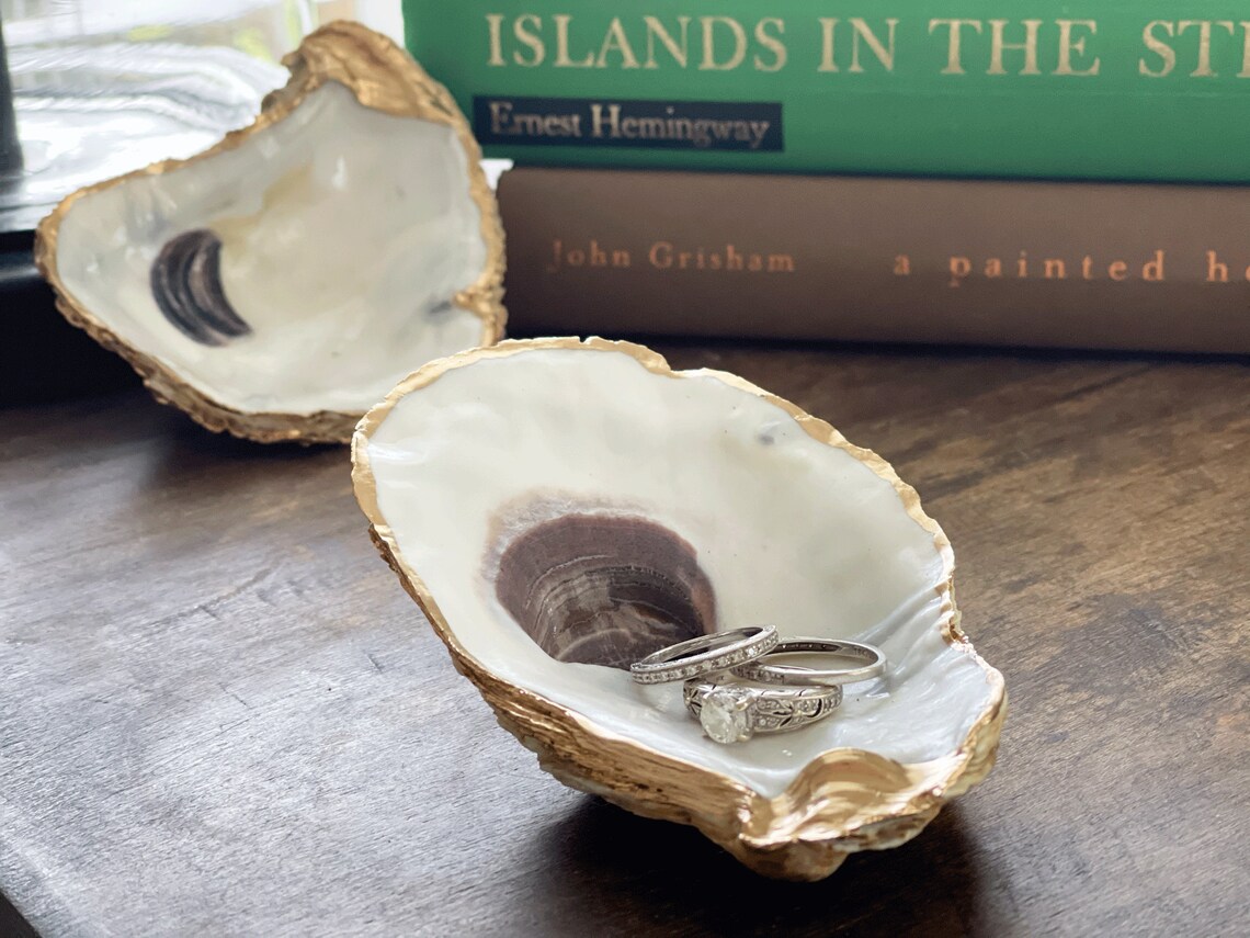 Gilded Oyster Shell Jewelry Dish Lowcountry Coastal Decor | Etsy