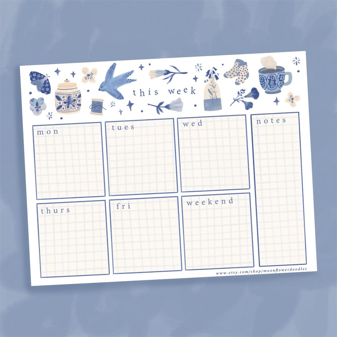 Blue Weekly Planner| Undated, Printable Aesthetic Cute Stationery and ...
