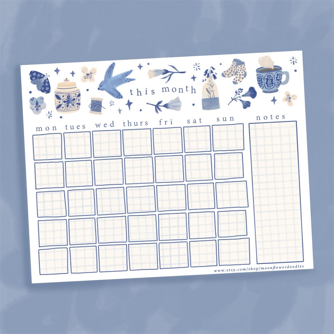 Blue Monthly Calendar | Undated, Printable Aesthetic Cute Stationery ...