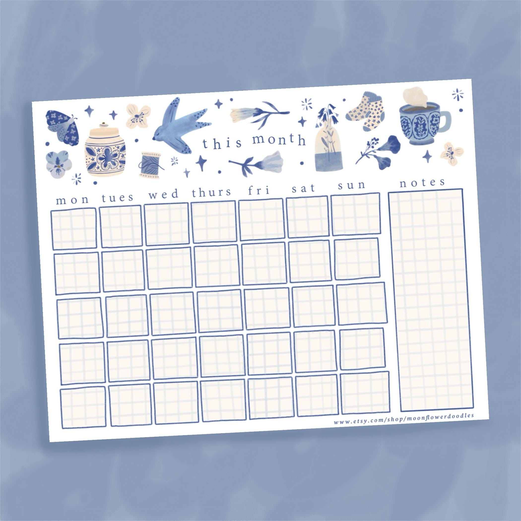 Blue Monthly Calendar | Undated, Printable Aesthetic Cute Stationery ...