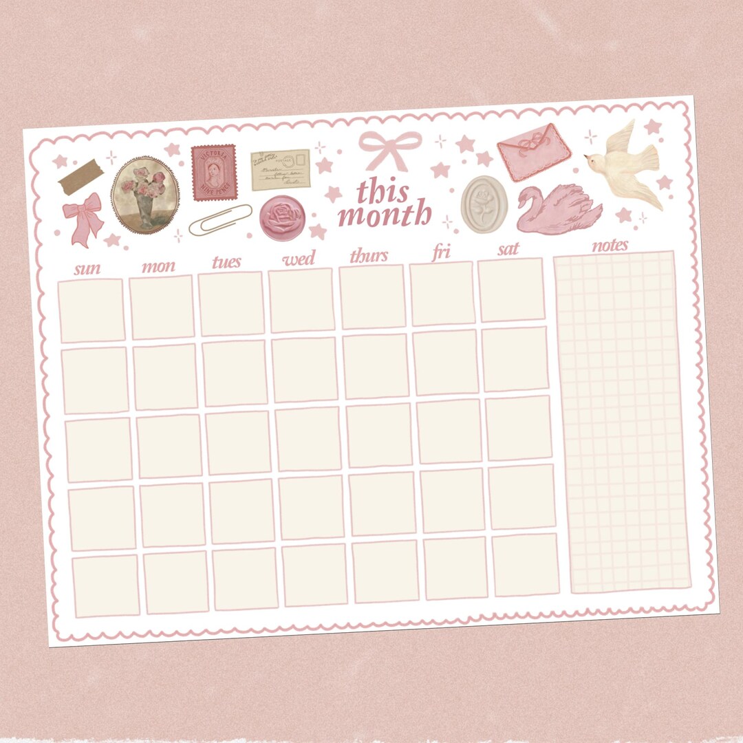 Coquette Monthly Calendar: Printable Undated Planner (digital Download ...