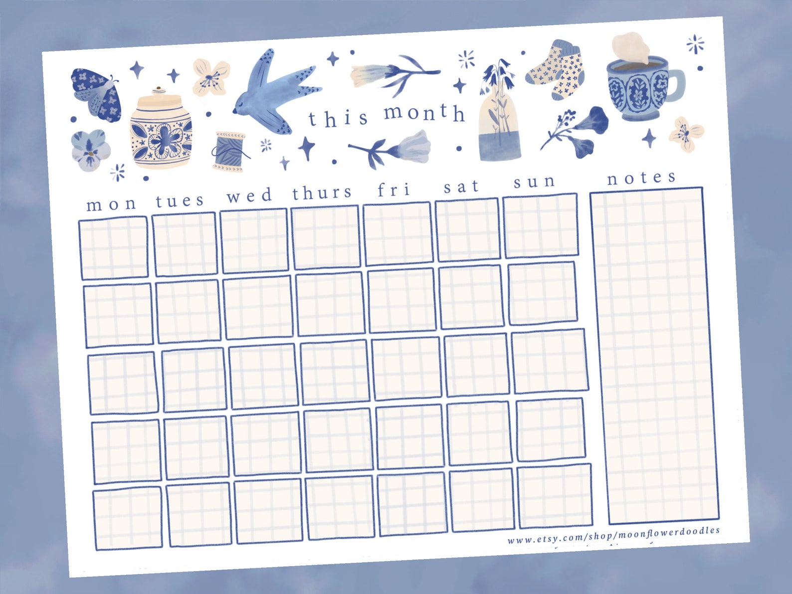Blue Monthly Calendar Undated, Printable Aesthetic Cute Stationery and ...