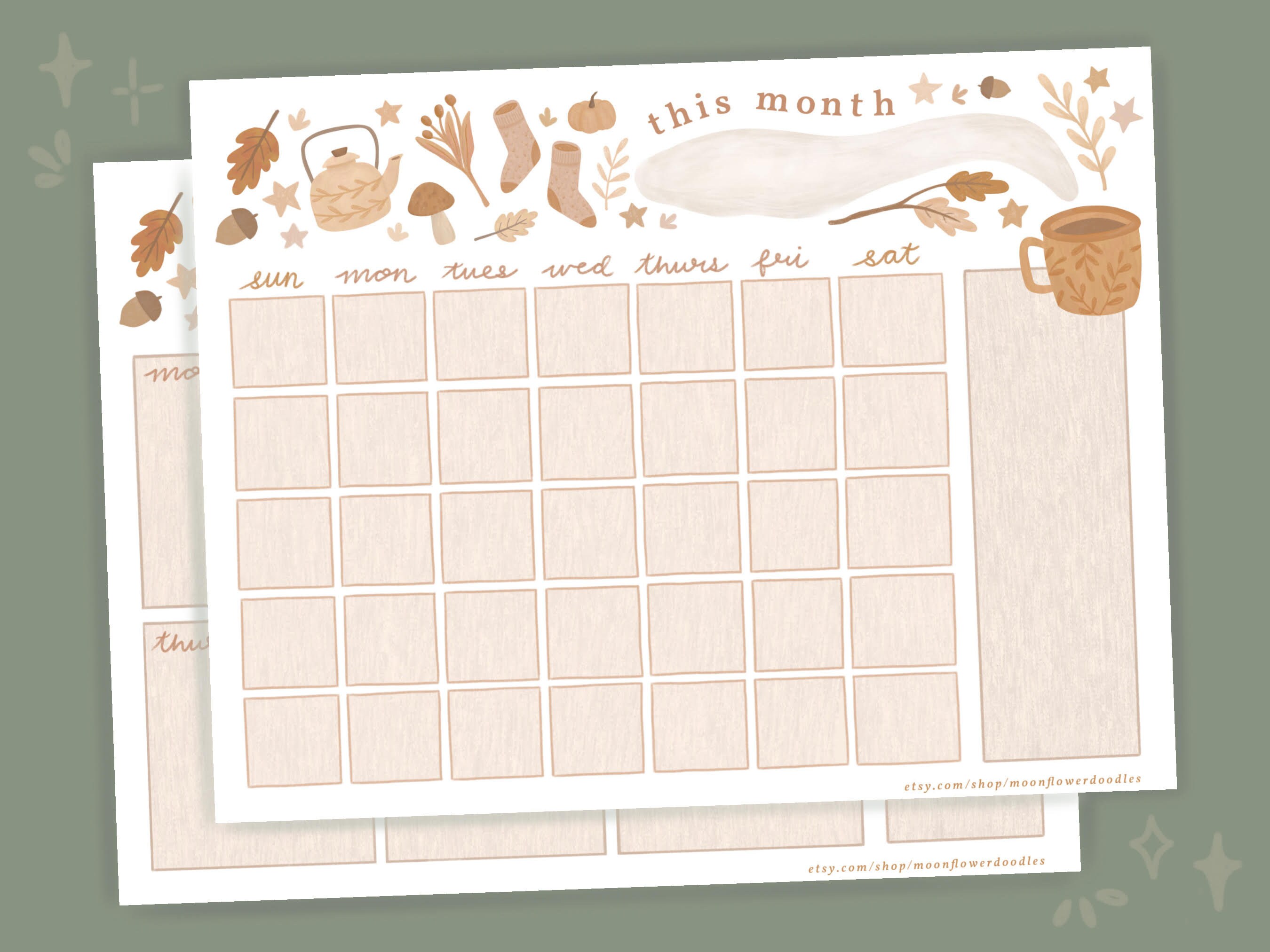 Printable Autumn Calendar and Planner Set Undated, Digital Stationery ...