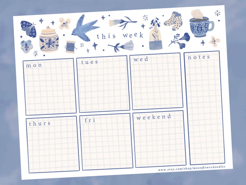 Blue Weekly Planner Undated, Printable Aesthetic Cute Stationery and ...