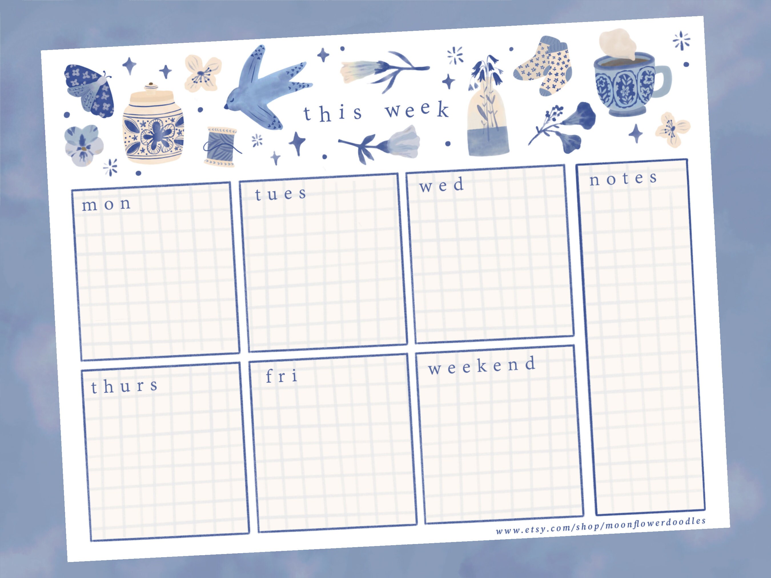 Blue Weekly Planner Undated, Printable Aesthetic Cute Stationery and ...
