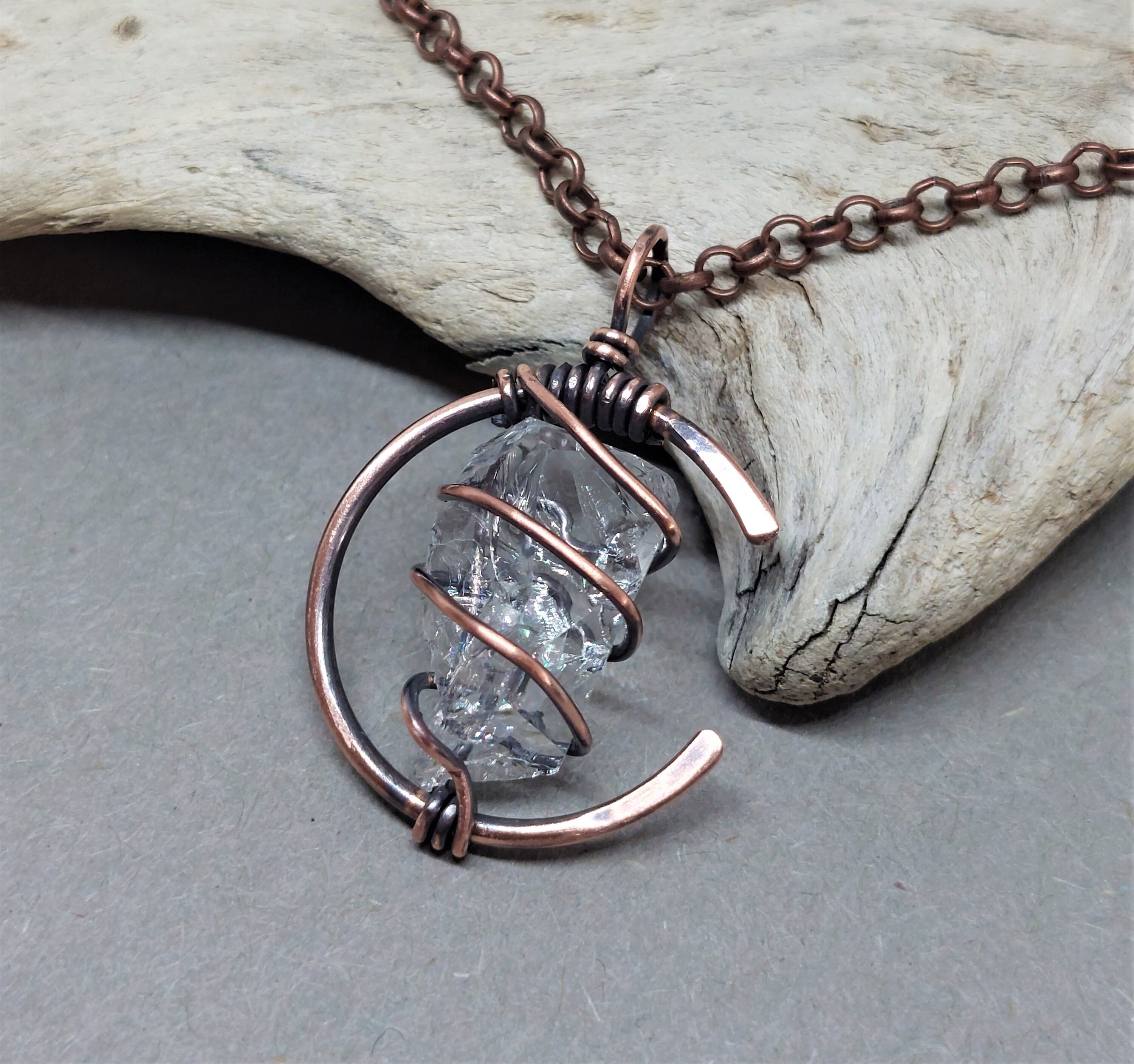 Herkimer Diamond Shard Crescent Moon Pendant Copper Celestial - Etsy UK