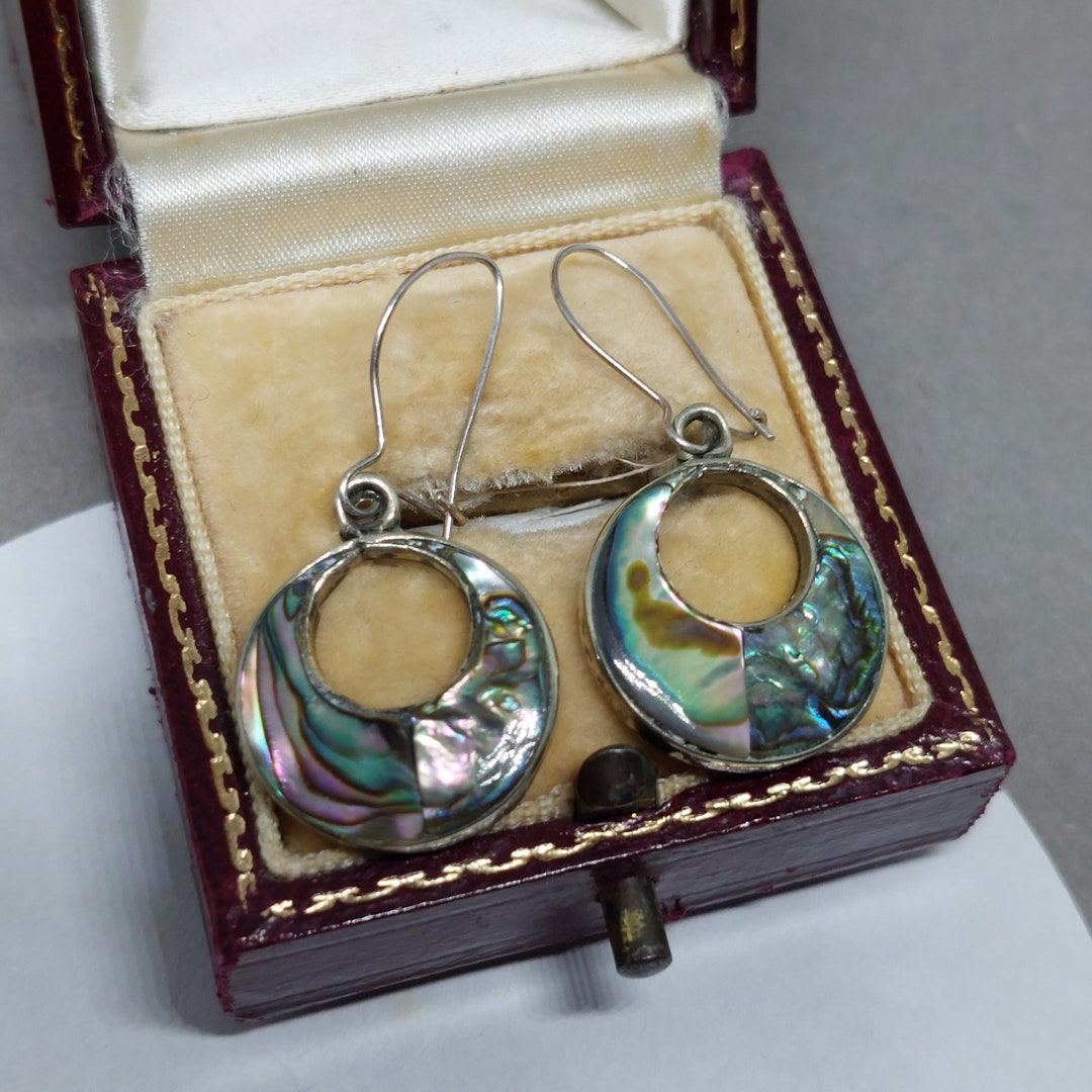 Alpaca Silver and Abalone Shell Circle Drop Earrings, Iridescent ...