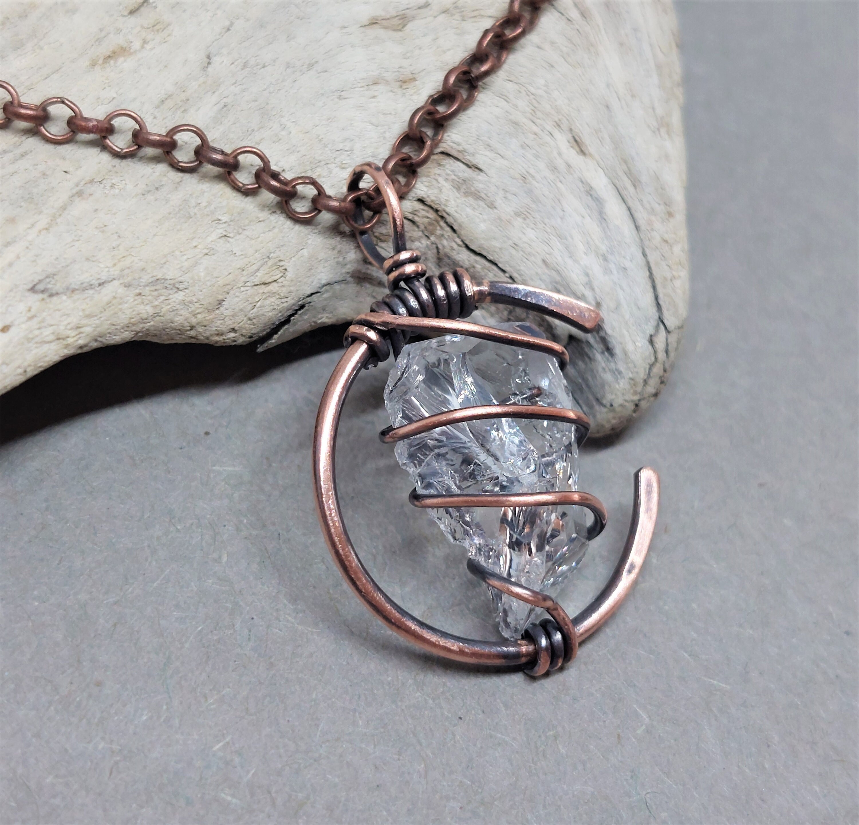 Herkimer Diamond Shard Crescent Moon Pendant Copper Celestial - Etsy UK