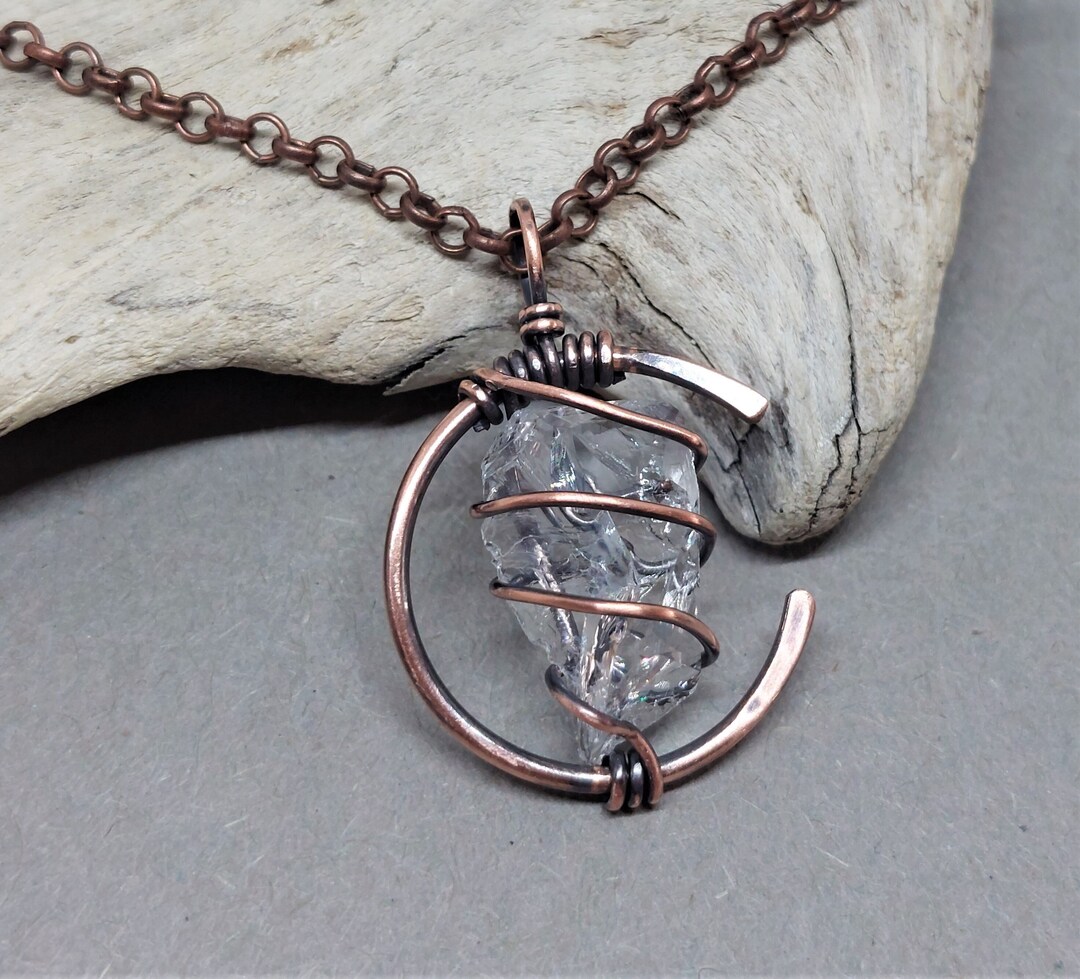 Herkimer Diamond Shard Crescent Moon Pendant, Copper Celestial Necklace ...