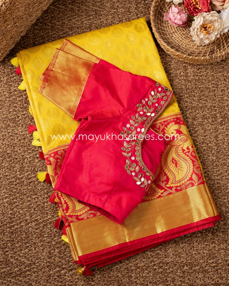 Golden Blossom Mustard and Red Designer Powerloom Kanchipuram Saree - Etsy