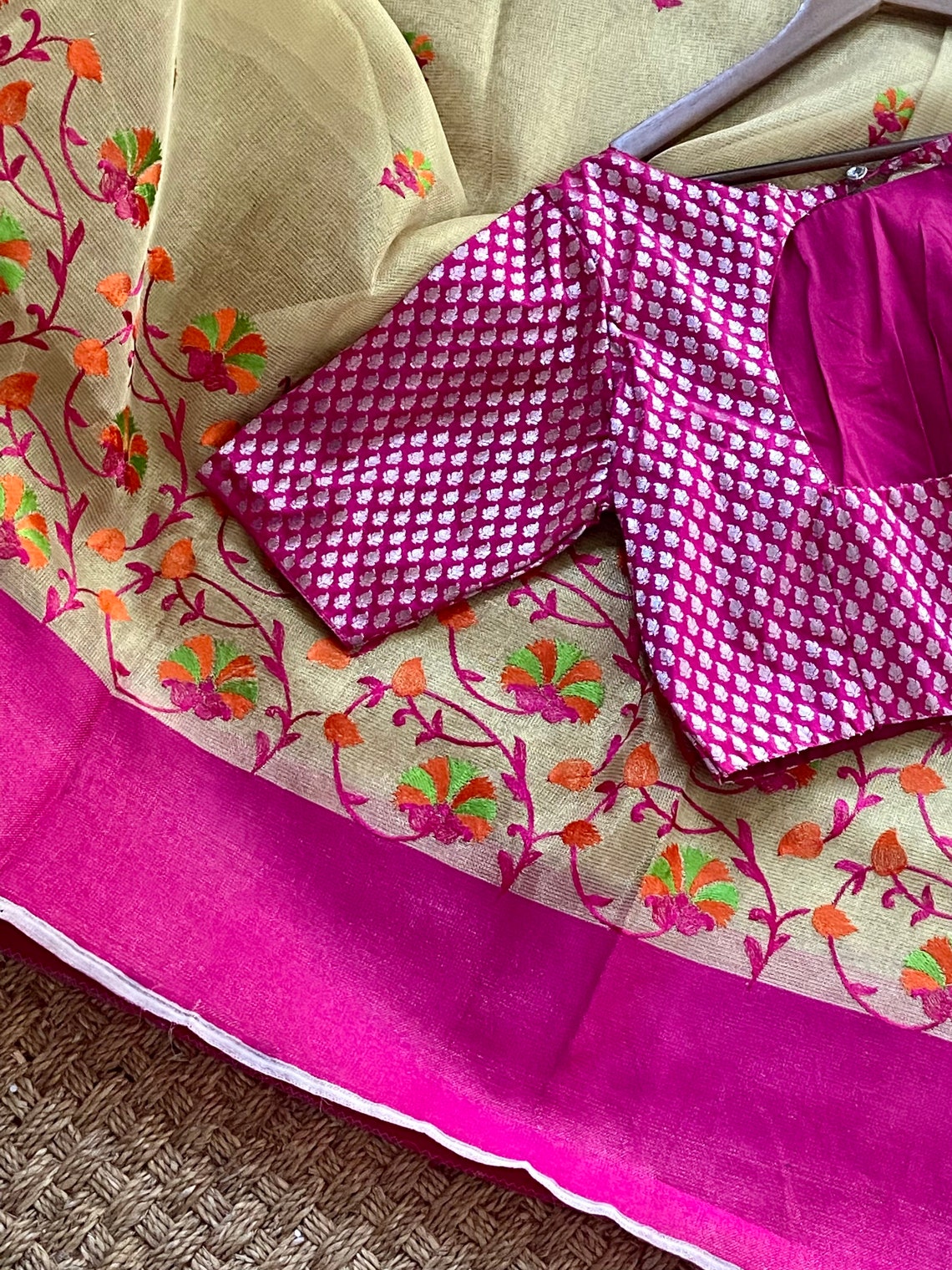 Golden Tissue Jute Silk With Machine Embroidery and Stitched Pure ...