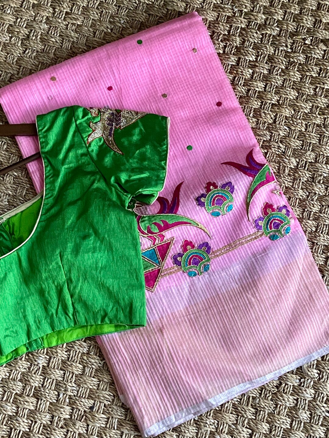 Baby Pink Jute Silk With Parrot Machine Embroidery and Stitched Pure ...