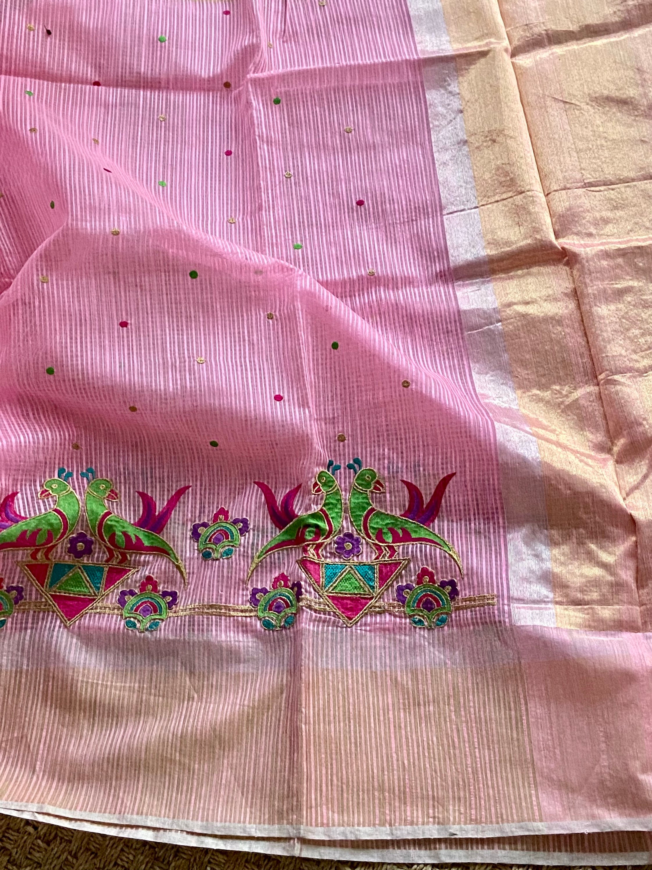 Baby Pink Jute Silk With Parrot Machine Embroidery and Stitched Pure ...