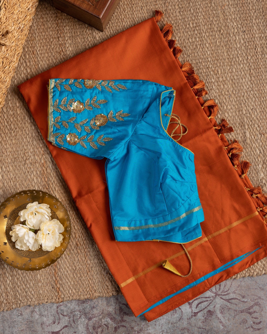 Rare Earthy Brick and Copper Sulfate Blue Kanchipuram Silk Saree With ...