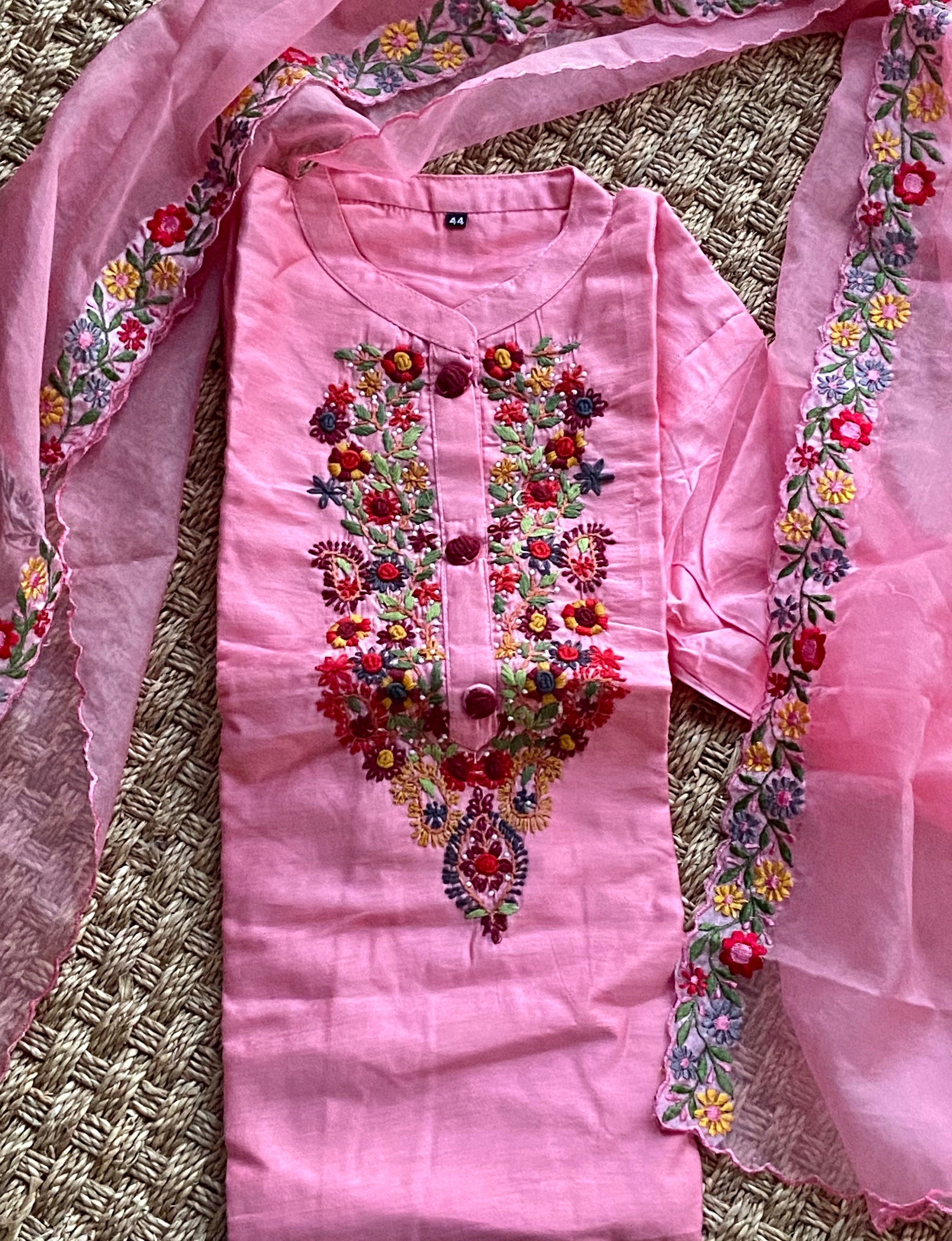 Pink Pure Silk Kurthi With Organza Dupatta and French Knots Thread Hand ...