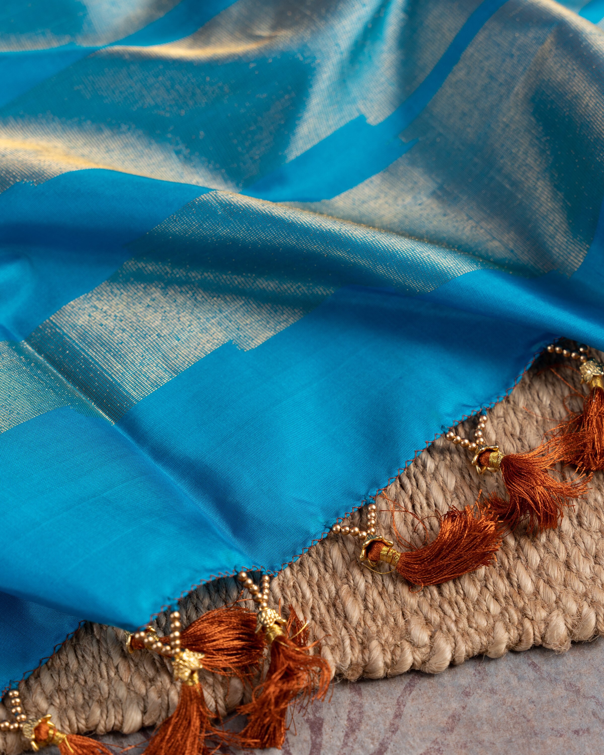 Rare Earthy Brick and Copper Sulfate Blue Kanchipuram Silk Saree With ...