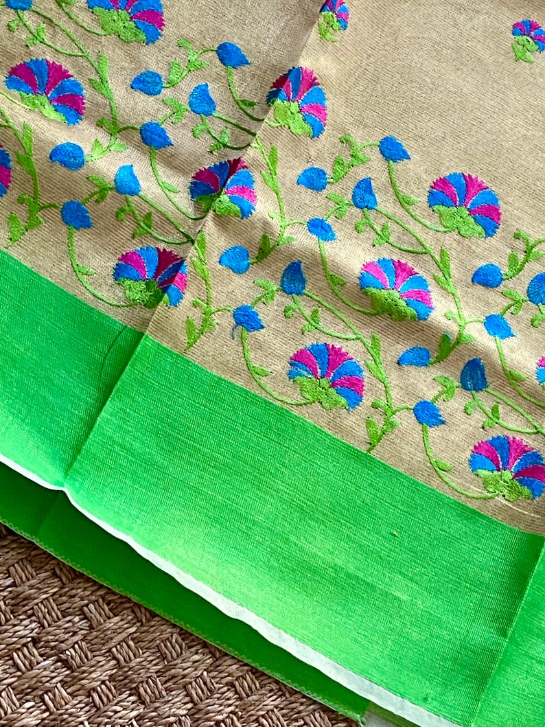 Golden Tissue Jute Silk With Machine Embroidery and Stitched Green Pure ...