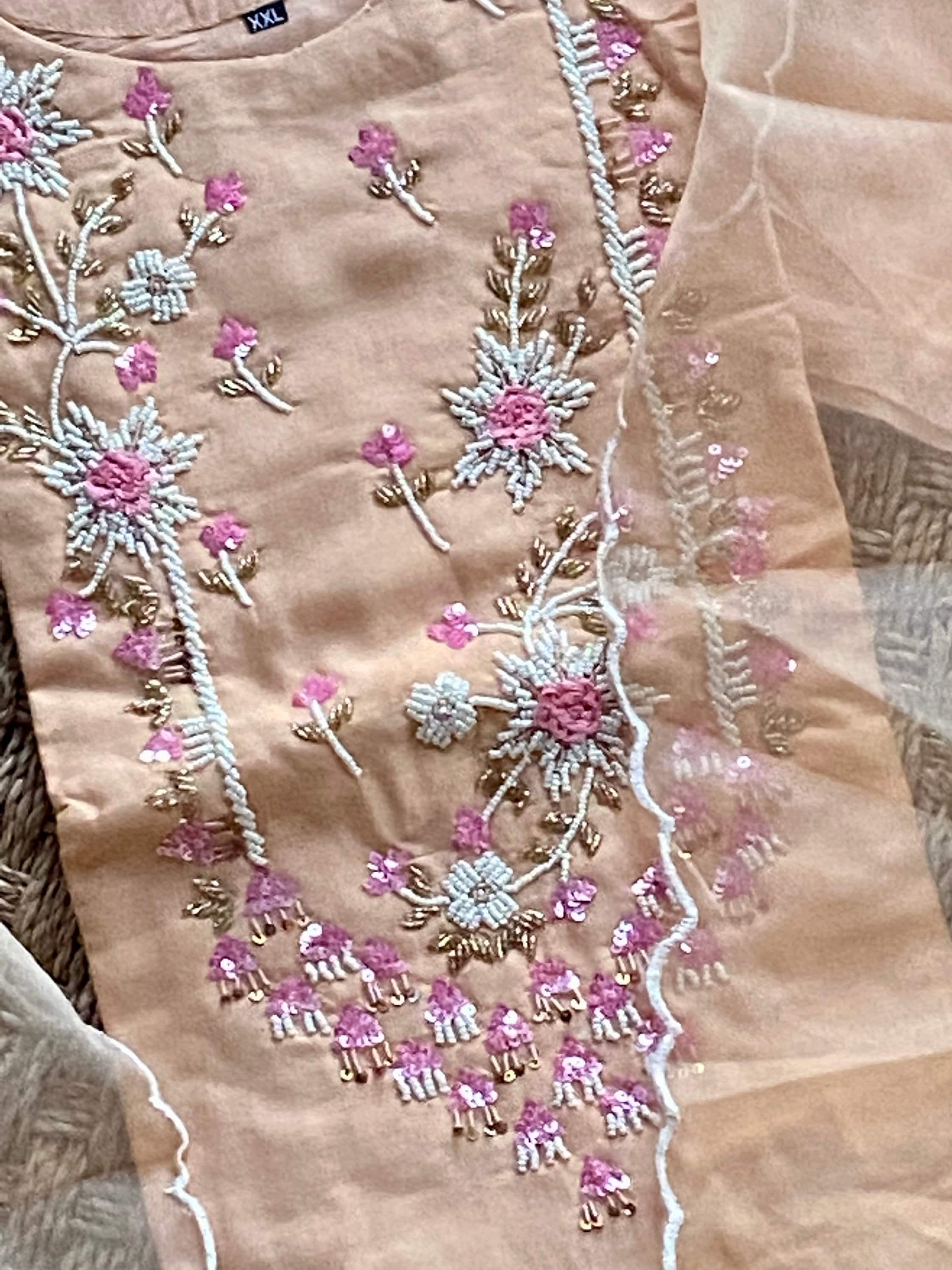 Pastel Peach Pure Silk Kurthi With Organza Dupatta and Thread Hand Work ...