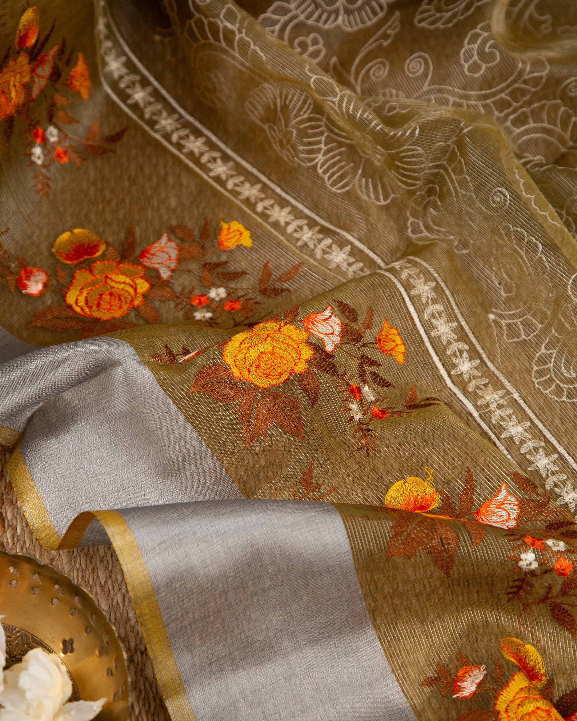 Tissue Linen Snuff With Red Down to Earth Saree With Stitched Blouse in ...