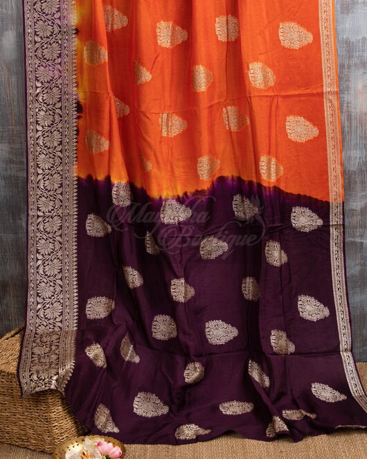 Orange Banarasi Saree With Stitched Blouse in Size 38-44 | Silk Mark ...