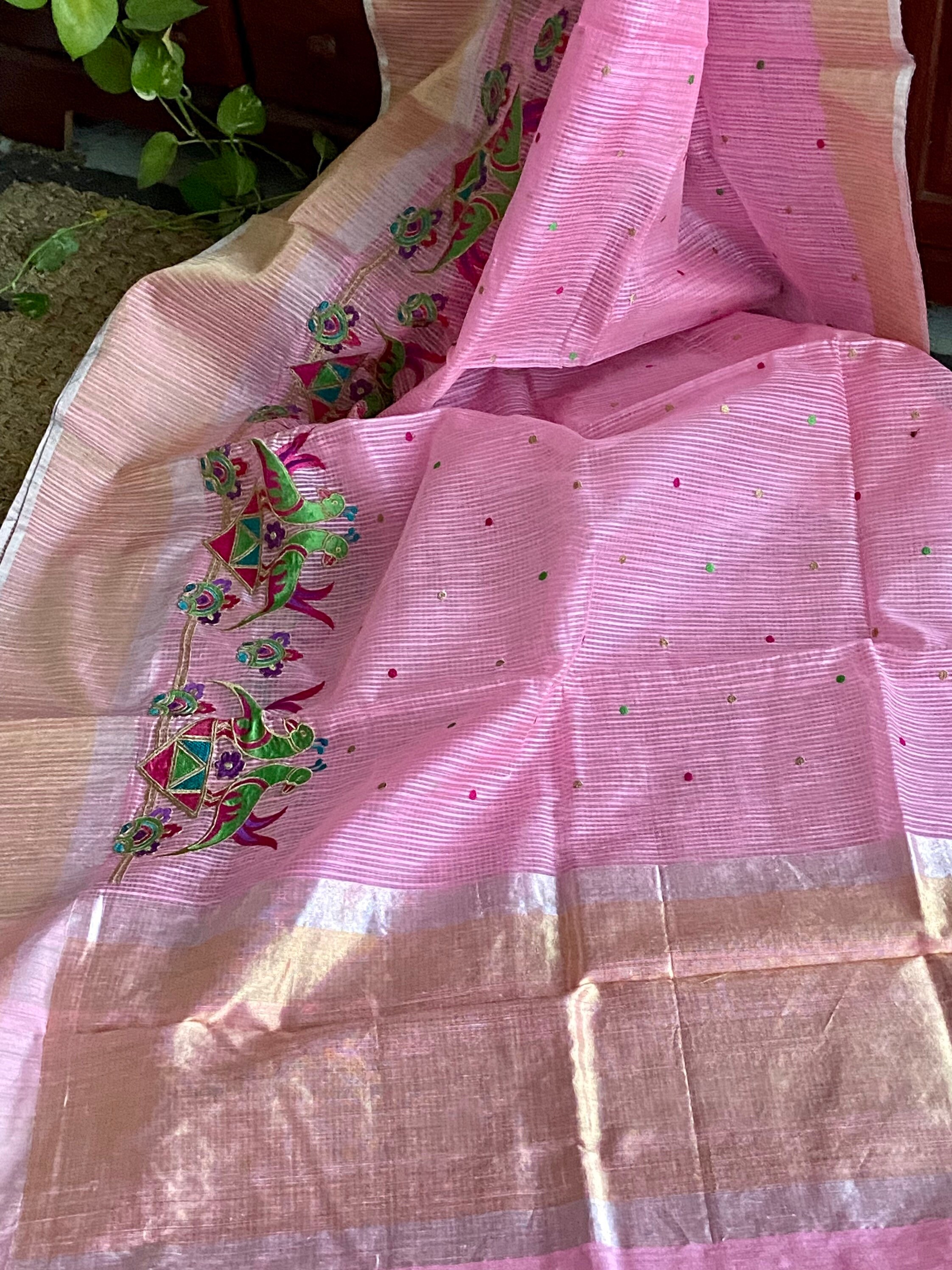 Baby Pink Jute Silk With Parrot Machine Embroidery and Stitched Pure ...