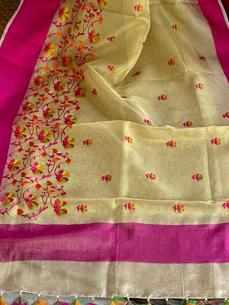 Golden Tissue Jute Silk With Machine Embroidery and Stitched Pure ...