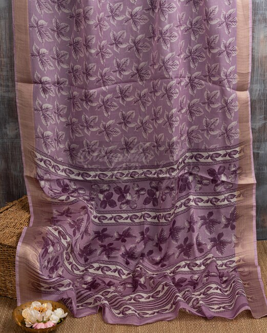 Chanderi Block Prints Lavender Saree With Stitched Blouse in Size 38-44 ...